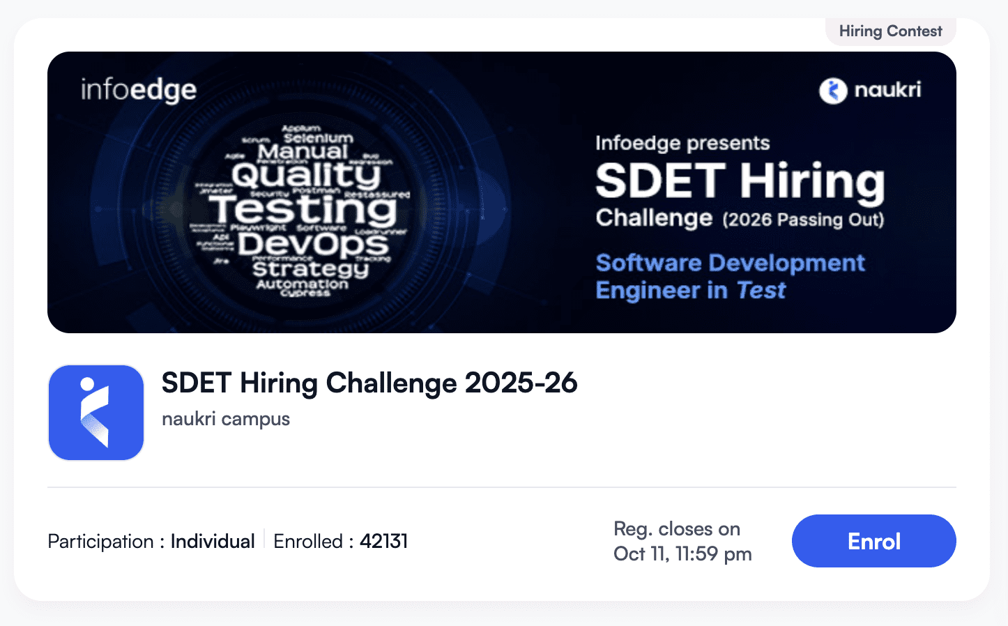 Naukri Campus SDET Challenge 2025-26: Info Edge Offering ₹10 LPA + ₹30K Internship